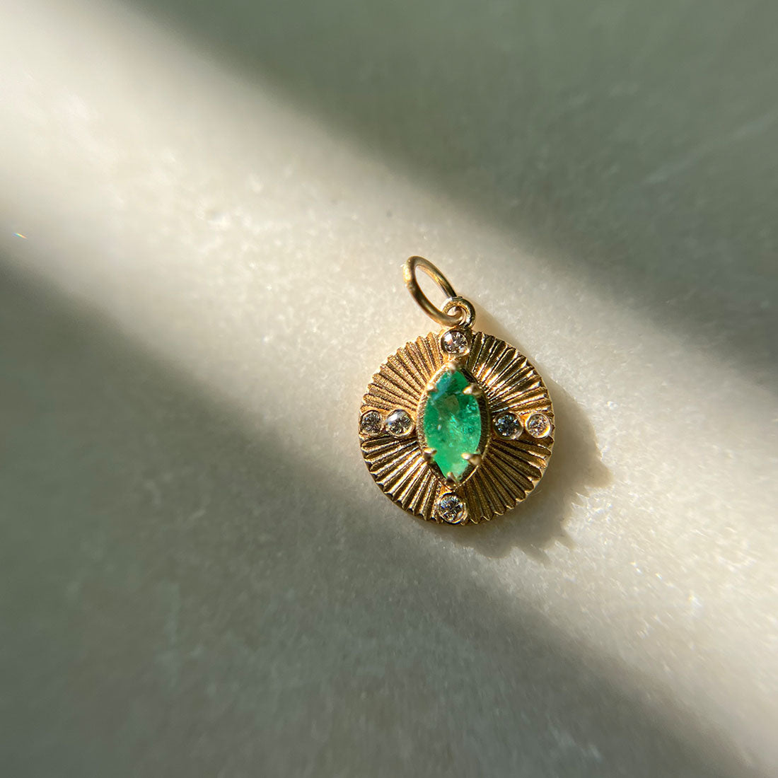 Marquise Emerald and Diamond Fluted Gold Coin Charm – Valley Rose