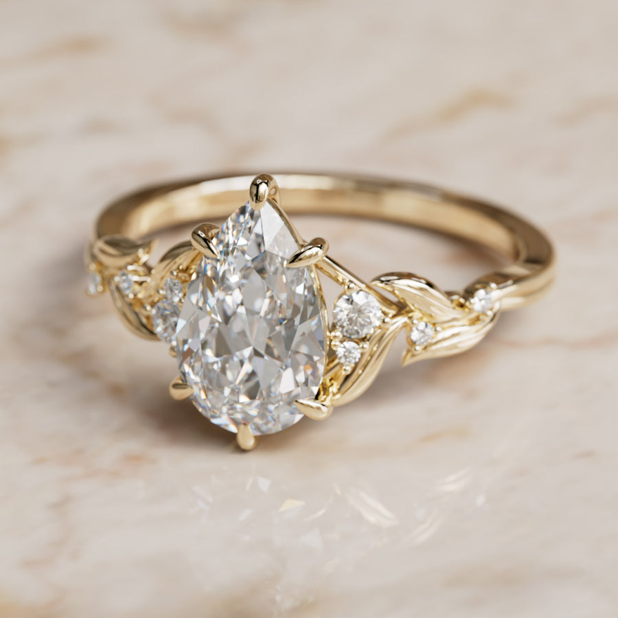 Lab Diamond Engagement Ring: Celria Pear Cut Flower Ring Nature Inspir ...