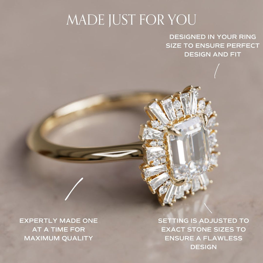 Elowen Emerad geslepen diamant vintage fantasy halo verlovingsring (al ...