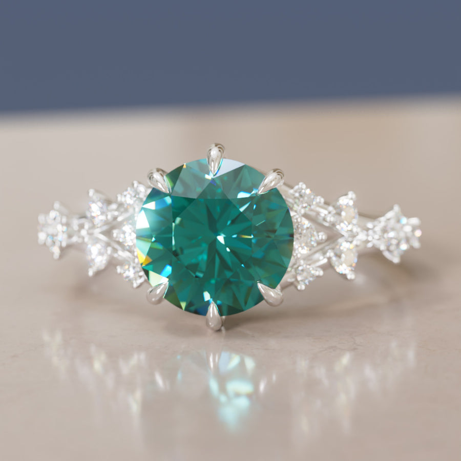 Anello di fidanzamento alternativo Callista rotondo con zaffiro teal ...