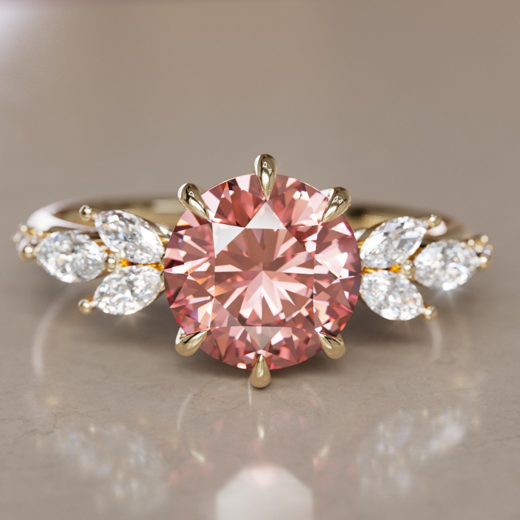 Flower Engagement Ring Nature Inspired with Pink Round Cut Diamond ...