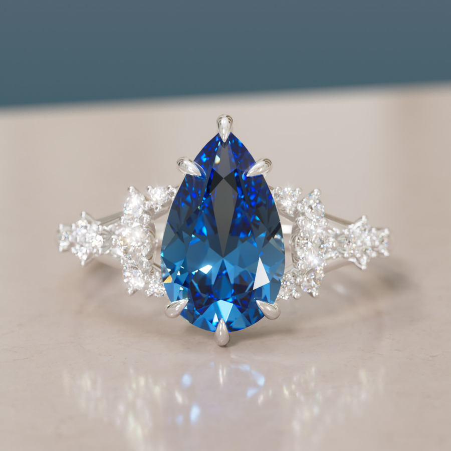 Anello di fidanzamento Unique Nature Pear Blue Sapphire con diamanti di ...