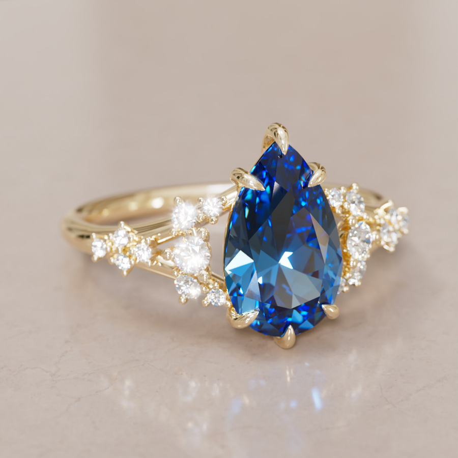 Anello di fidanzamento Unique Nature Pear Blue Sapphire con diamanti di ...