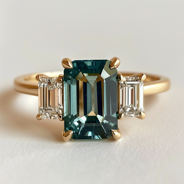 Emerald Cut Teal Sapphire Ethical Engagement Ring Three Stone – Valley Rose