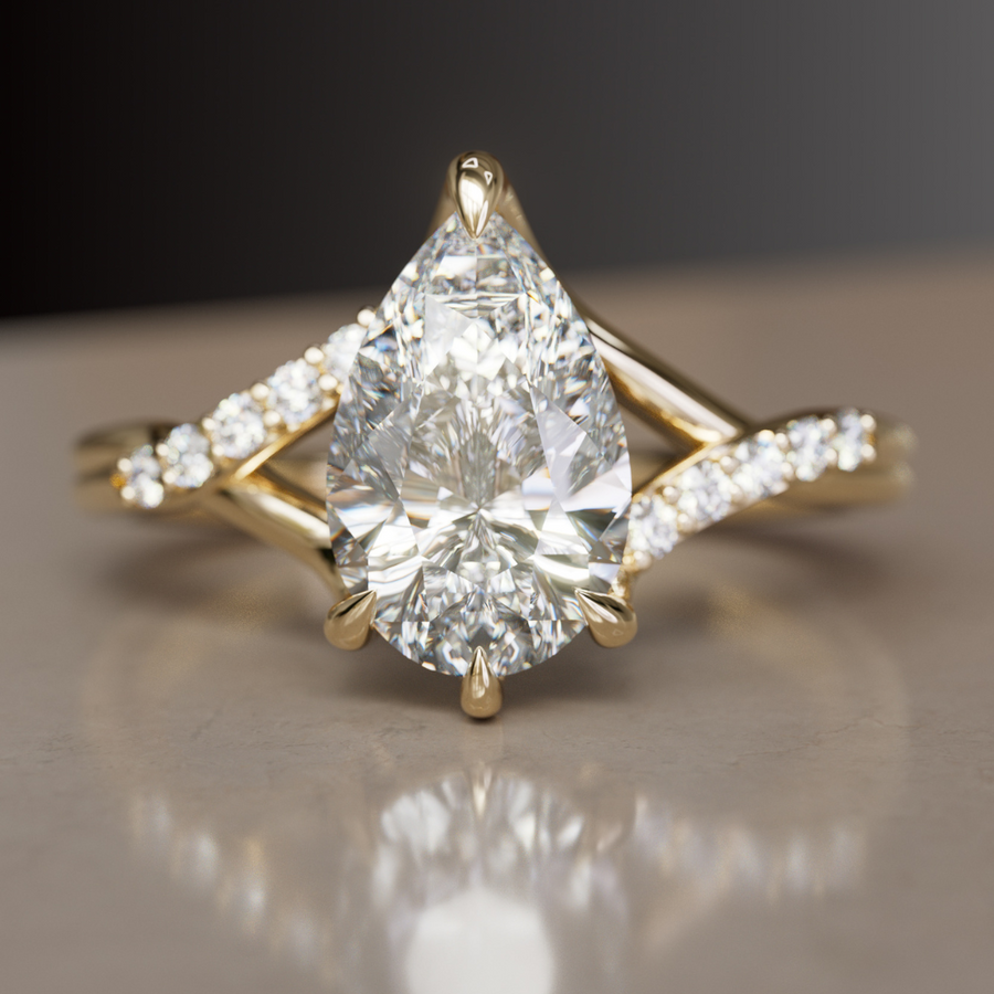 Anello di fidanzamento Fairytale Pear con diamanti e gambo diviso ...