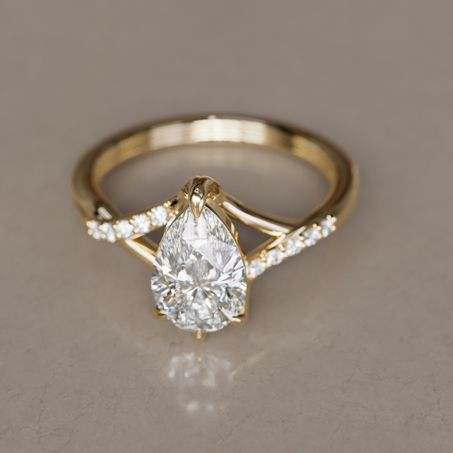Anello di fidanzamento Fairytale Pear con diamanti e gambo diviso ...