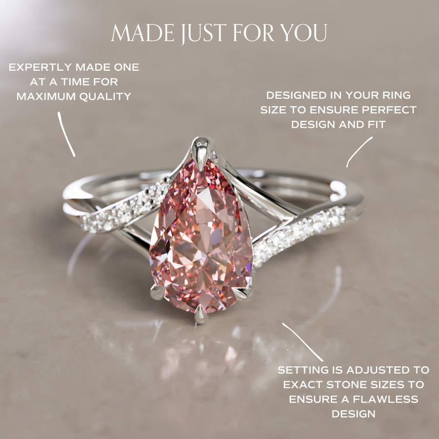 Anillo de compromiso Fairytale Pear con diamante rosa y shank dividido ...