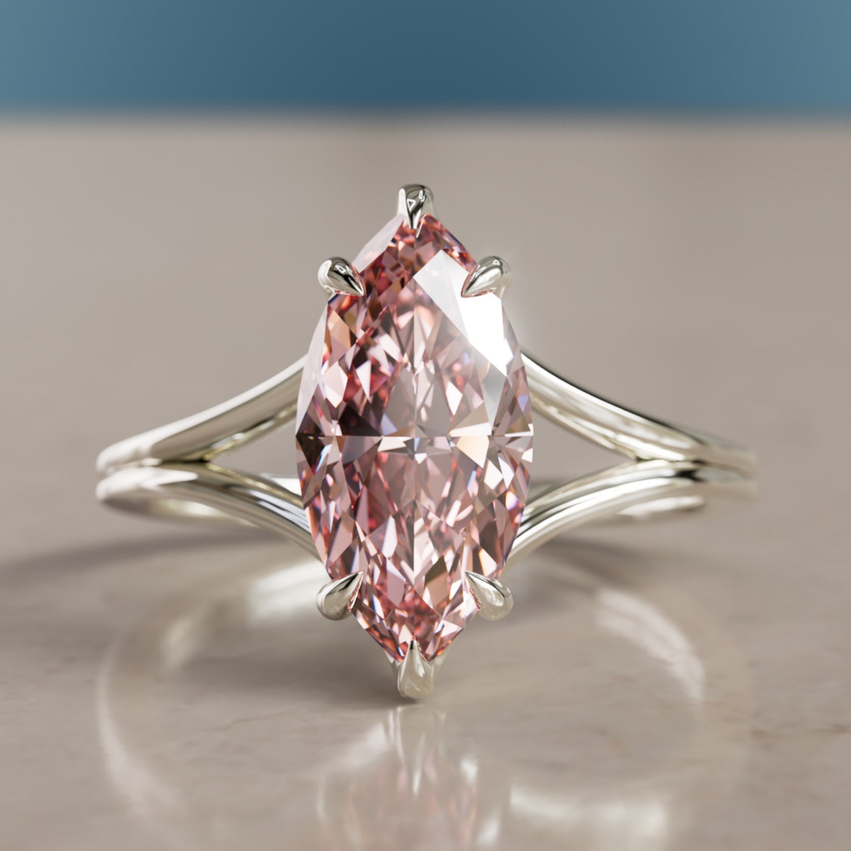 Nova Marquise Pink Lab Diamond Modern Unique Split Shank Engagement Ri ...