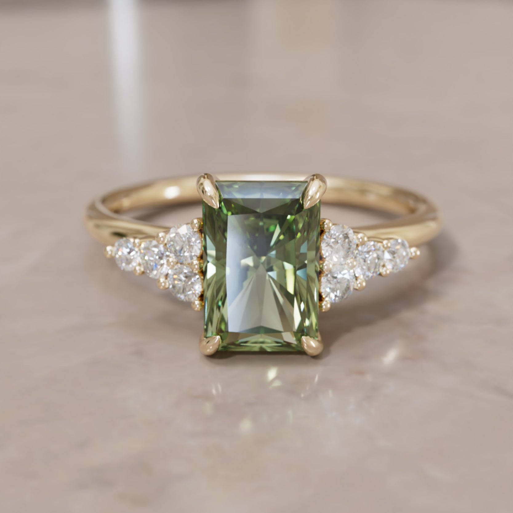 Unique Engagement Ring Five Stone Emerald Cut Green Sapphire and ...
