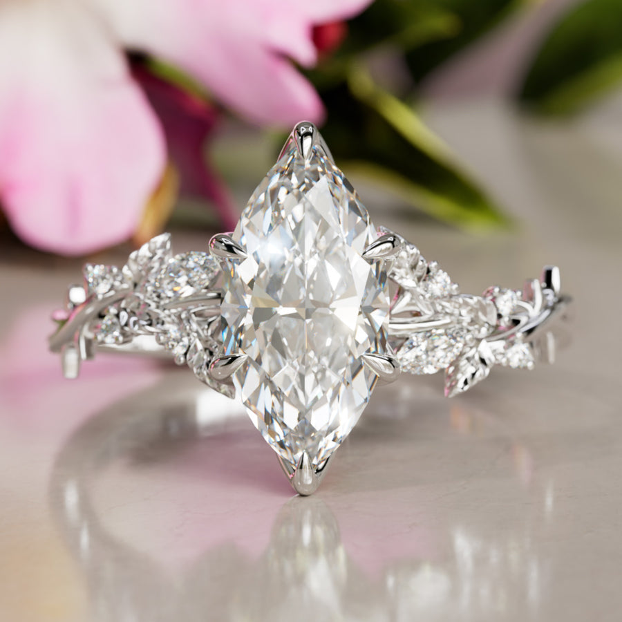 Rosewood Marquise Lab Diamond Engagement Flower Ring Nature Inspired ...
