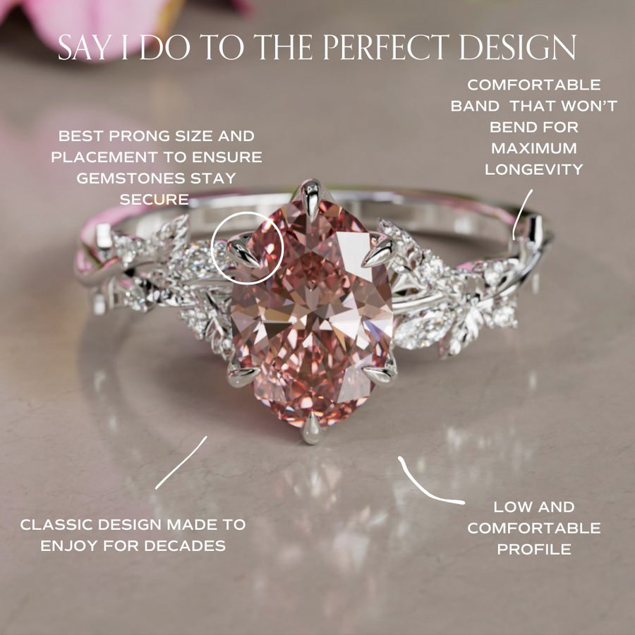 Rosewood Oval Pink Lab Diamond Engagement Flower Ring Nature Inspired ...