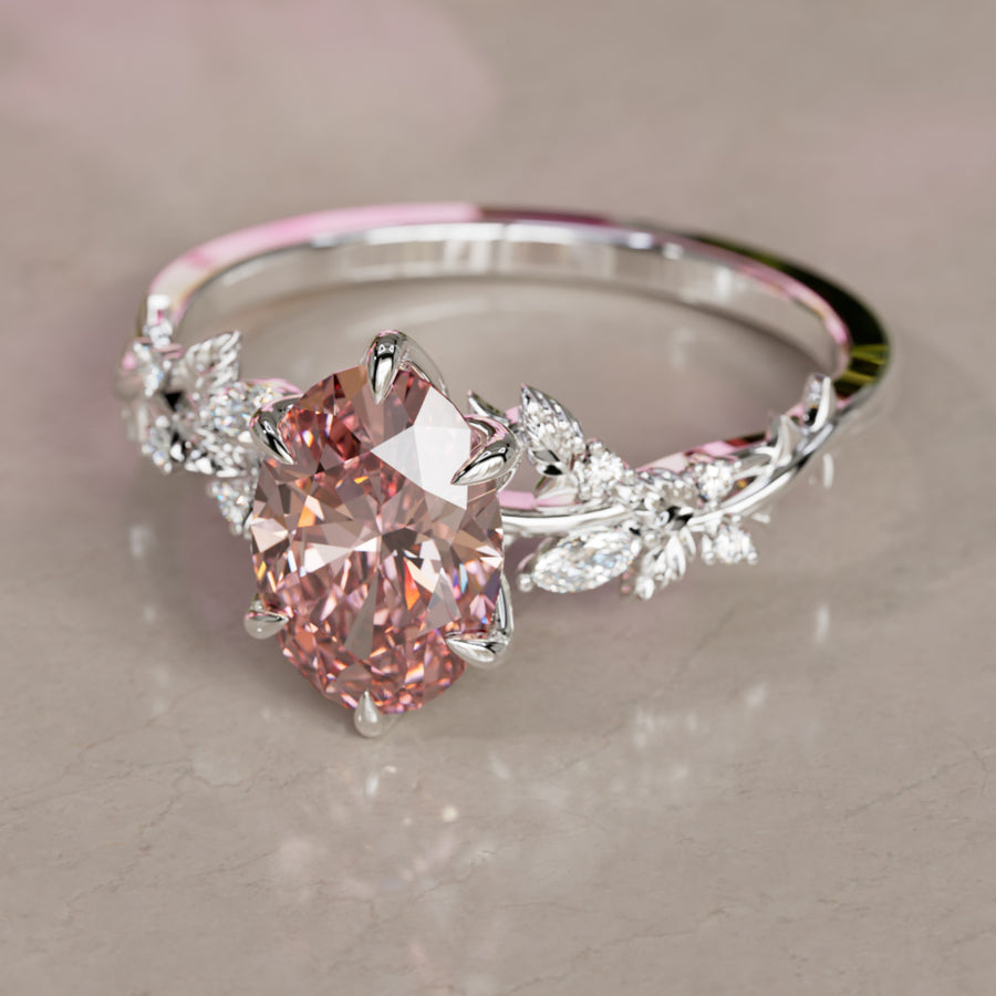 Rosewood Oval Pink Lab Diamond Engagement Flower Ring Nature Inspired ...