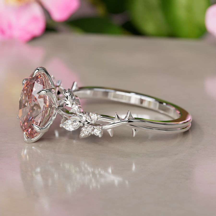 Rosewood Oval Pink Lab Diamond Engagement Flower Ring Nature Inspired ...