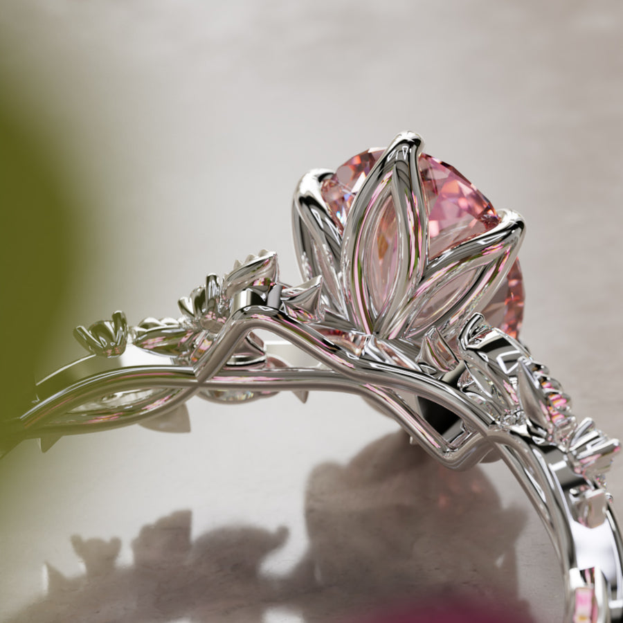 Rosewood Oval Pink Lab Diamond Engagement Flower Ring Nature Inspired ...