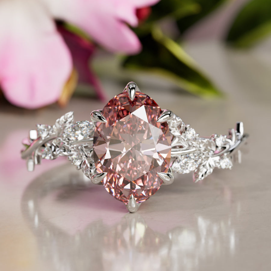 Rosewood Oval Pink Lab Diamond Engagement Flower Ring Nature Inspired ...