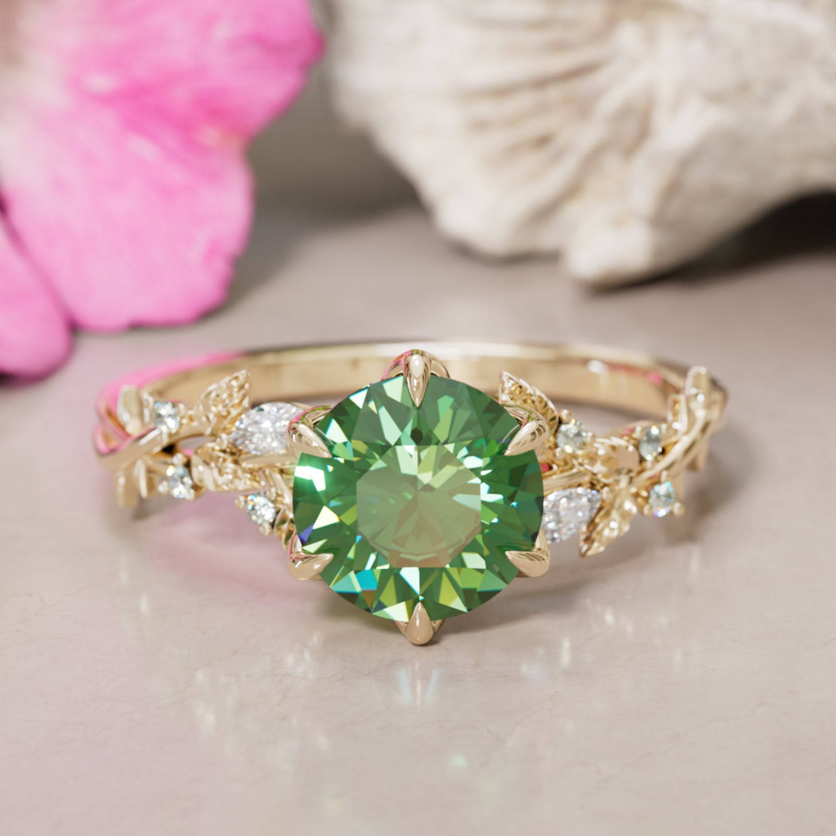 Rosewood Round Green Sapphire Engagement Flower Ring Nature Inspired ...