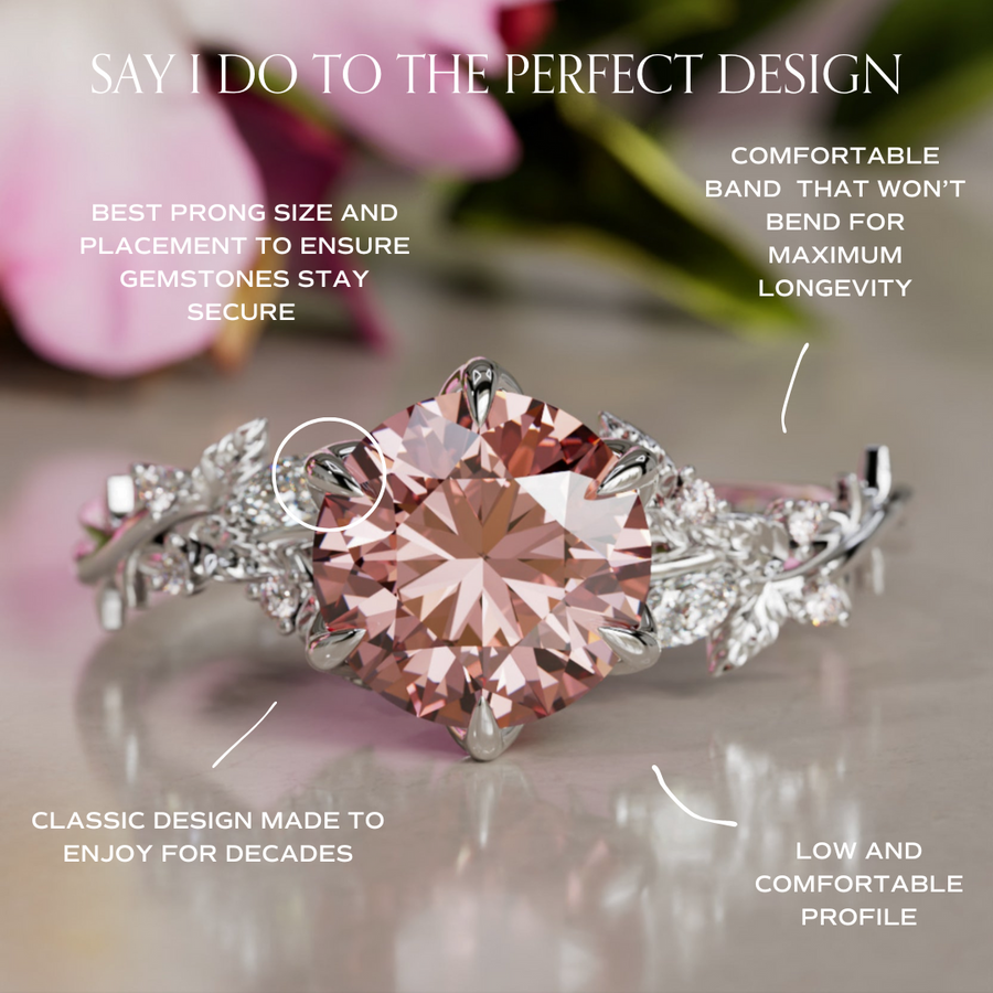 Rosewood Round Pink Lab Diamond Engagement Flower Ring Nature Inspired ...