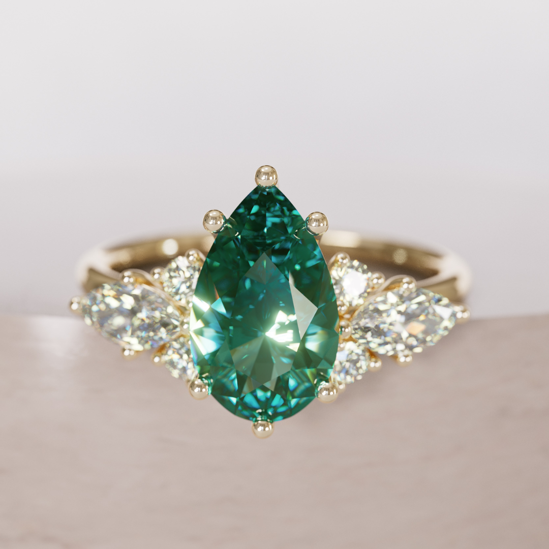 Bague de fiançailles fantaisie avec saphir et diamants, saphir vert ...