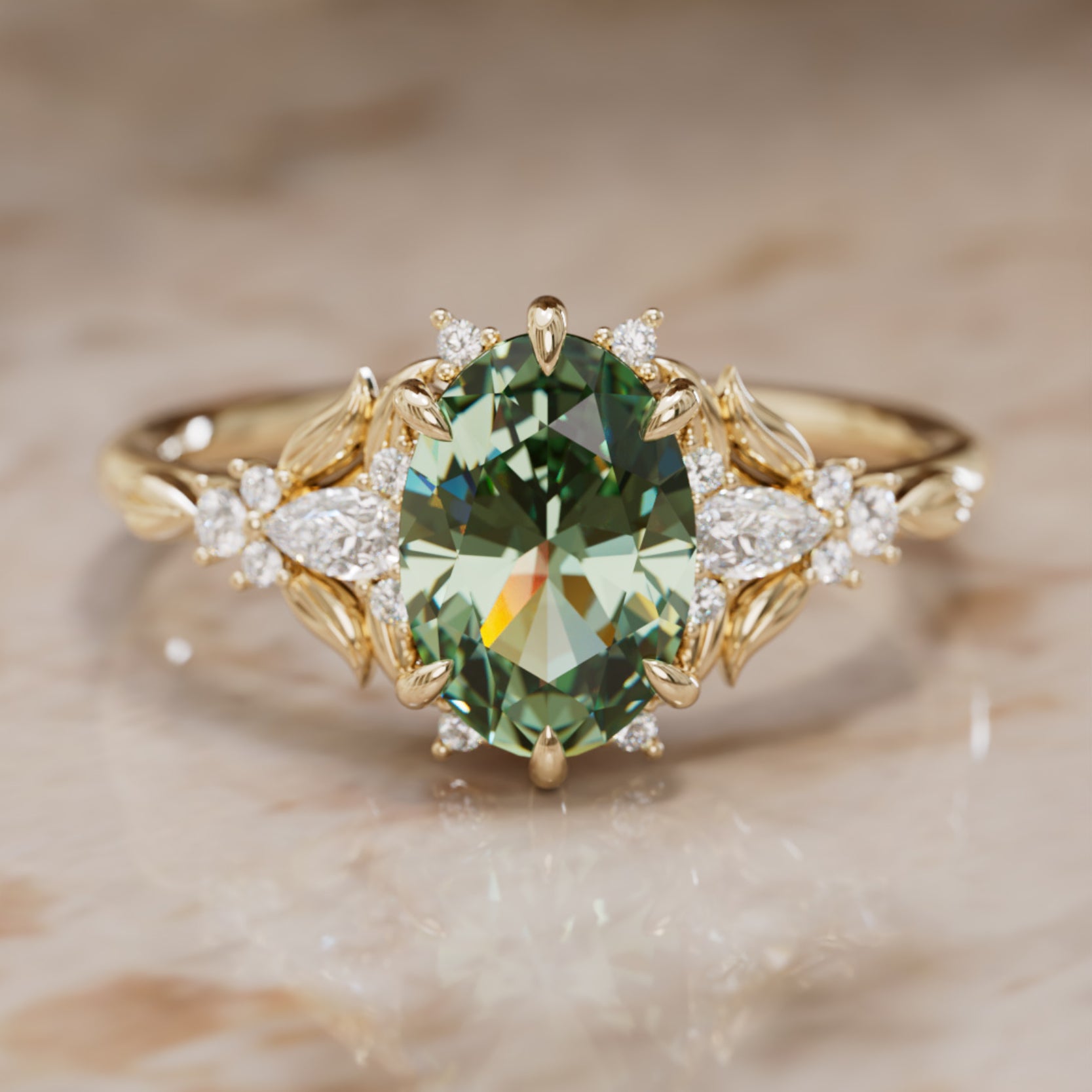 Siriwen Oval Green Sapphire Fantasy Engagement Ring Nature Inspired wi ...