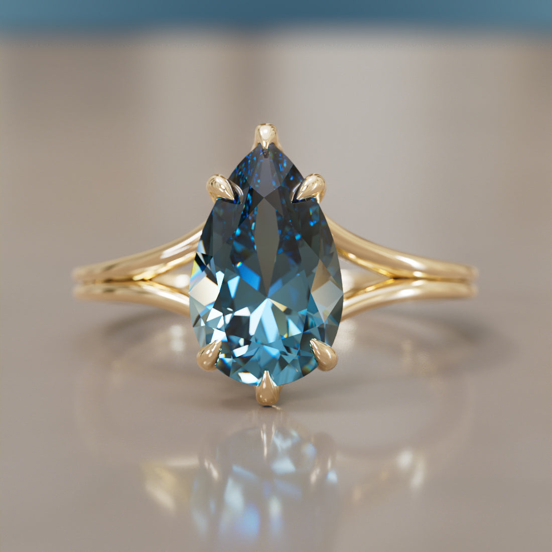 Modern Unique Engagement Ring with Pear Blue Sapphire and Split Shank ...