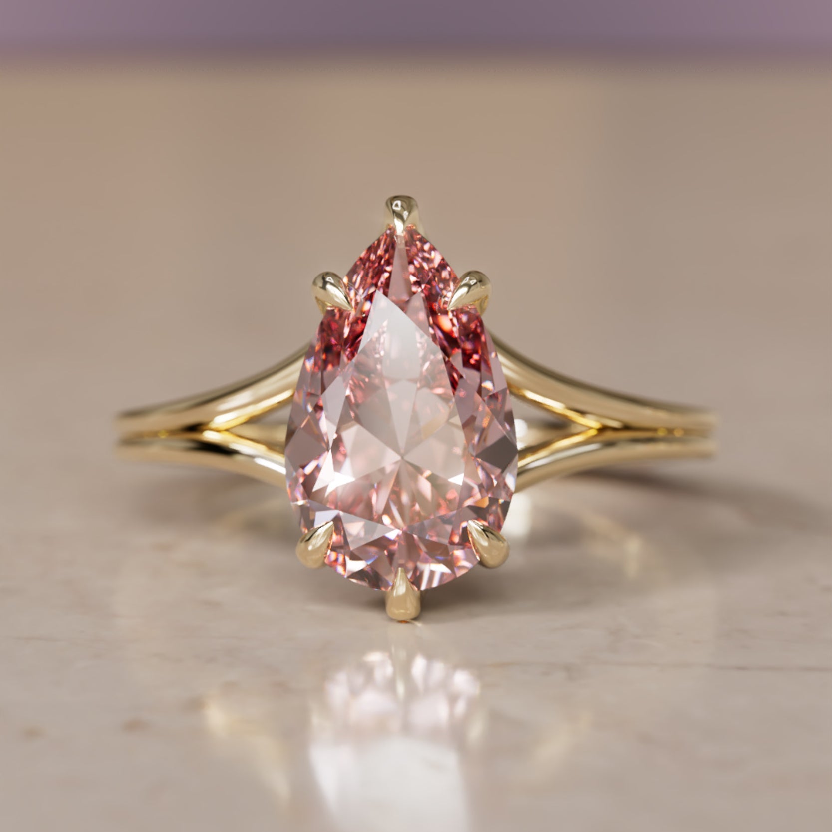 Zoe Pear Pink Lab Diamond Modern Unique Split Shank Engagement Ring (S ...