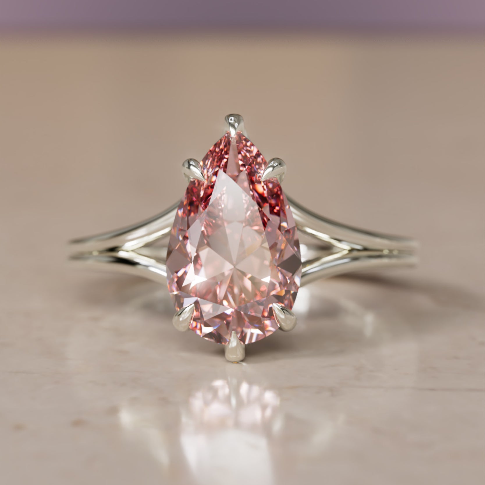 Zoe Pear Pink Lab Diamond Modern Unique Split Shank Engagement Ring (S ...